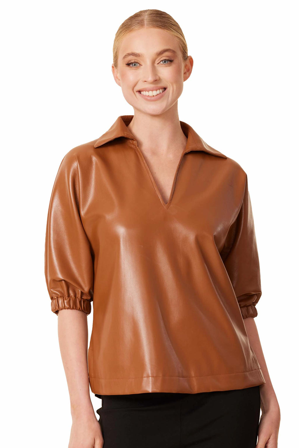 Vegan Leather V-Neck Short Sleeve Top - Saddle – Monkee's of The Woodlands